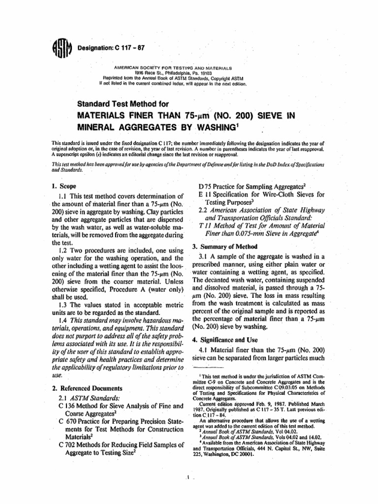 Astm C117-87 | PDF