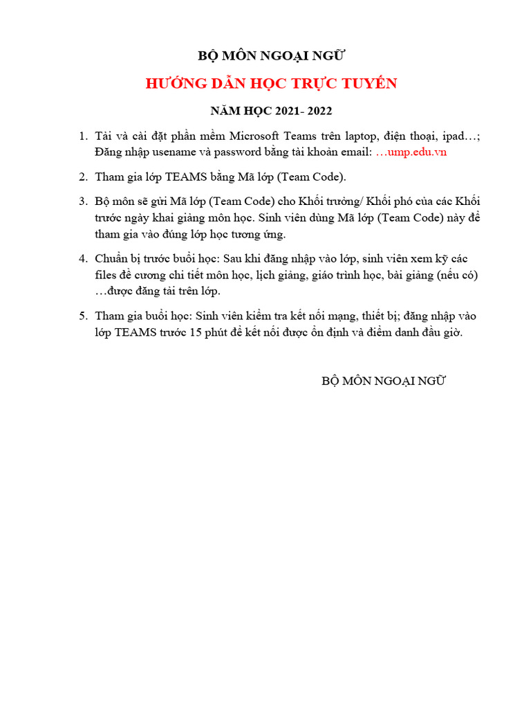 BM Ngo I NG - Huong Dan Hoc Truc Tuyen-Nh 2021-2022 | PDF