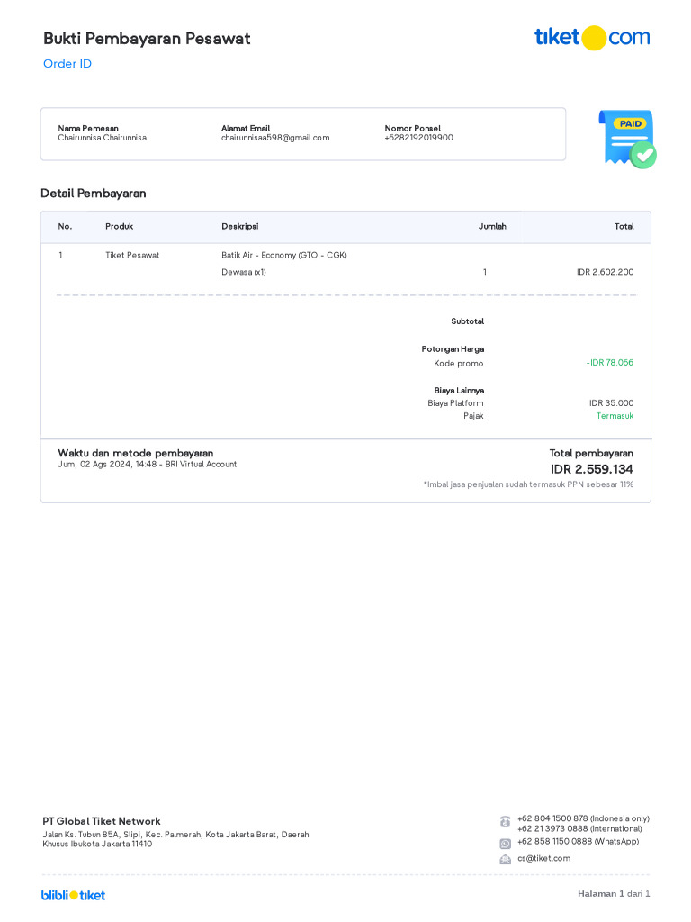 Bukti Pembayaran Tiket Batik Air | PDF
