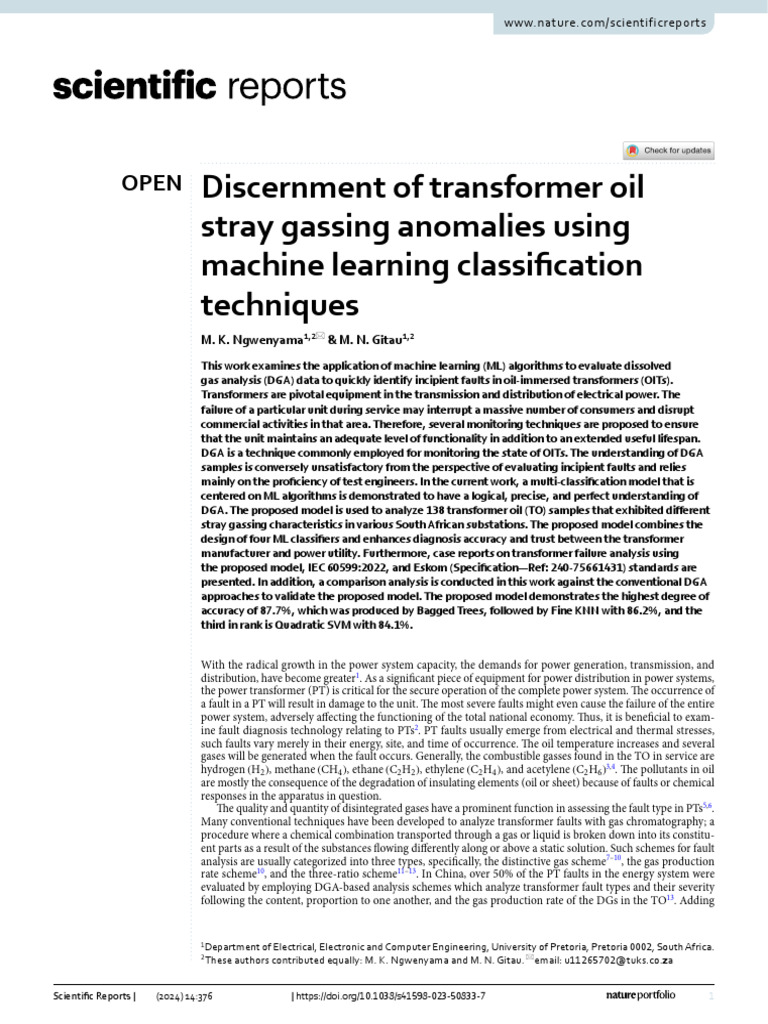 Discernment of Transformer Oil Stray Gassing Anomalies Using Machine ...