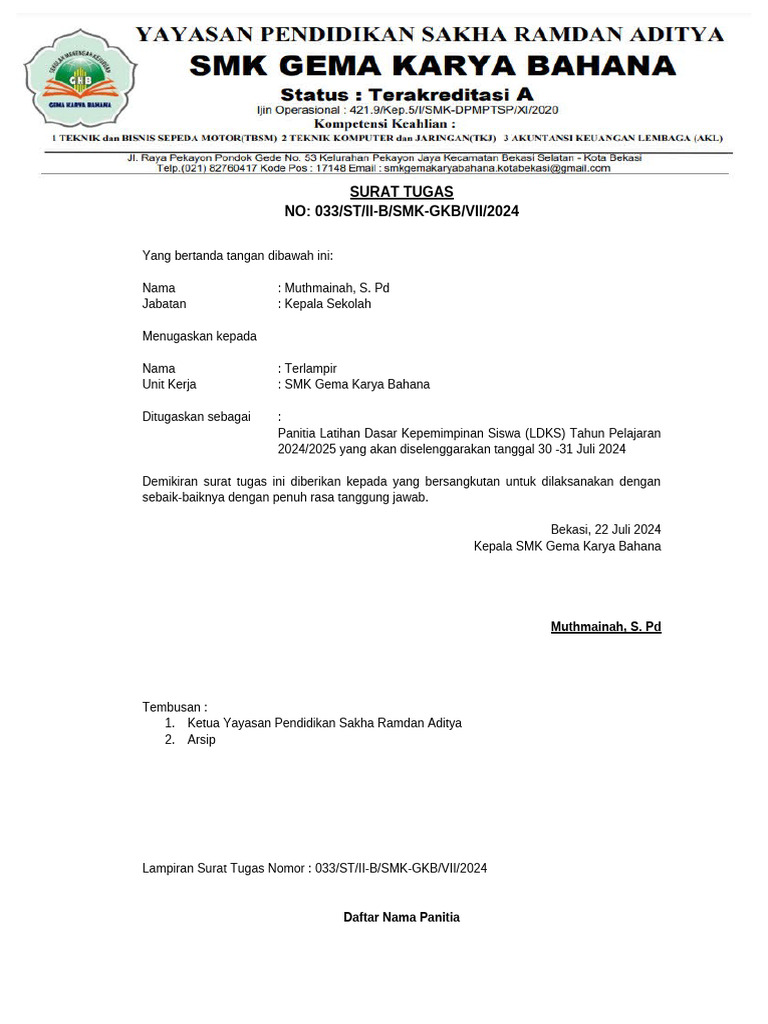 Surat Tugas LDKS 20242025 | PDF