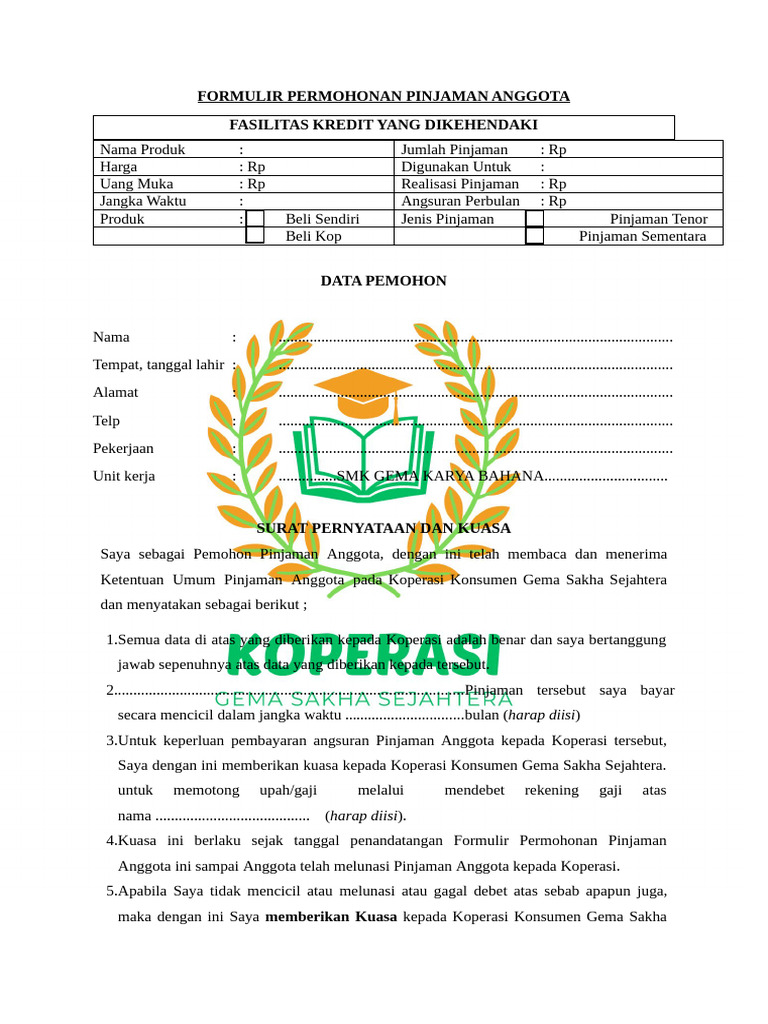 Formulir Permohonan Pinjaman Anggota | PDF