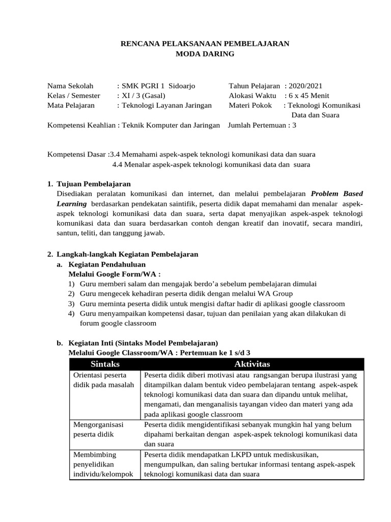 RPP Teknologi Layanan Jaringan XI SMT Ganjil.4 | PDF