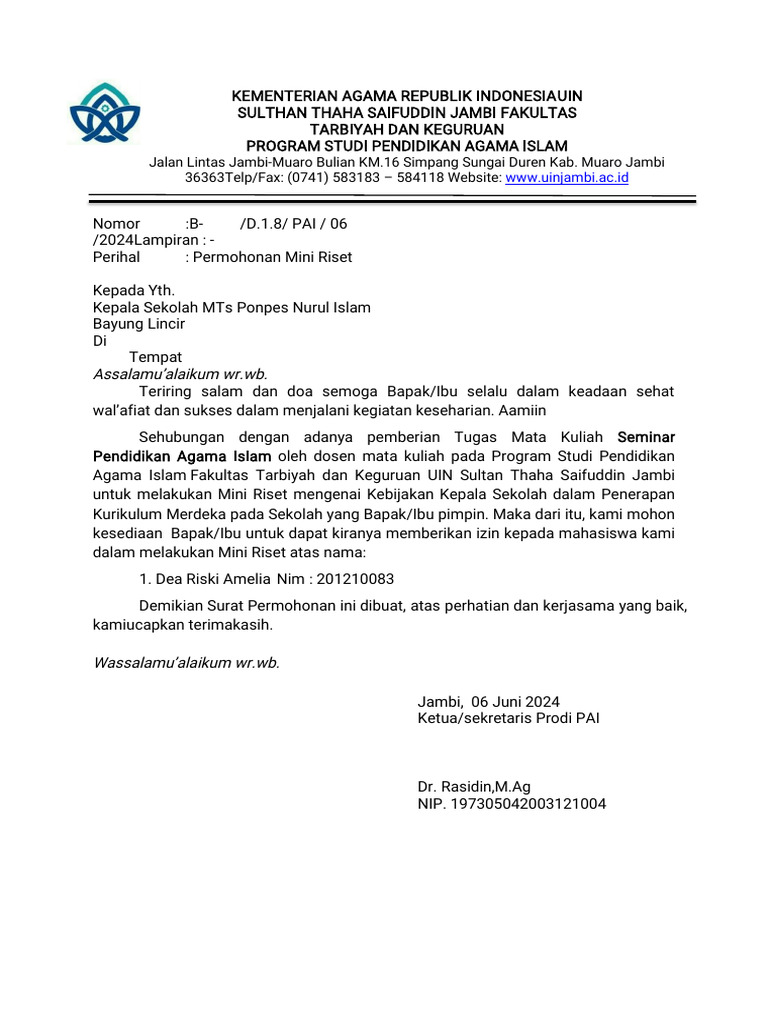 Surat Mini Riset - Dearisky | PDF