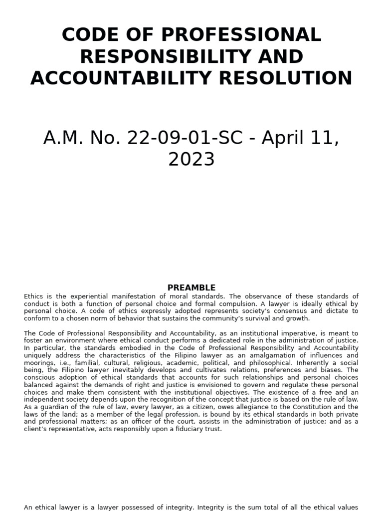 Code of Professional Responsibility and Accountability Resolution ...