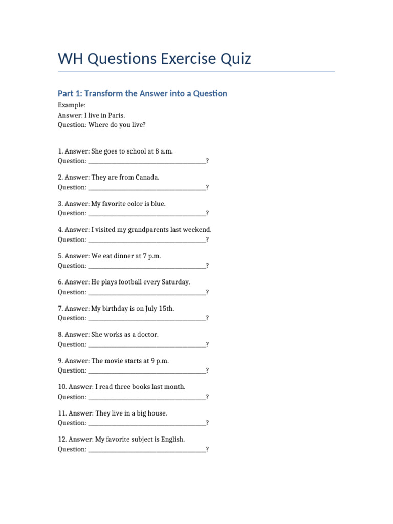 WH Questions Exercise Quiz | PDF