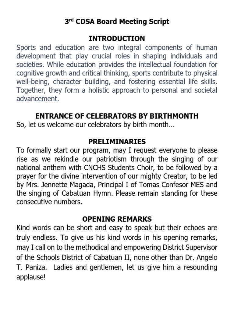3rd CDSA Board Meeting Script | PDF