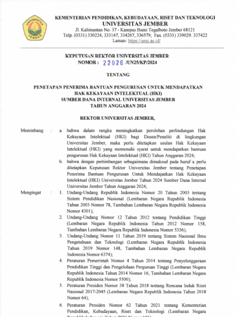 SK Rektor Penerima Bantuan Pengurusan HKI TA 2024 | PDF