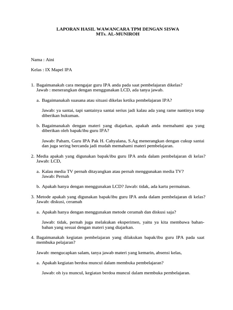 Laporan Hasil Menggunakan Wawancara TPM Dengan Siswa | PDF