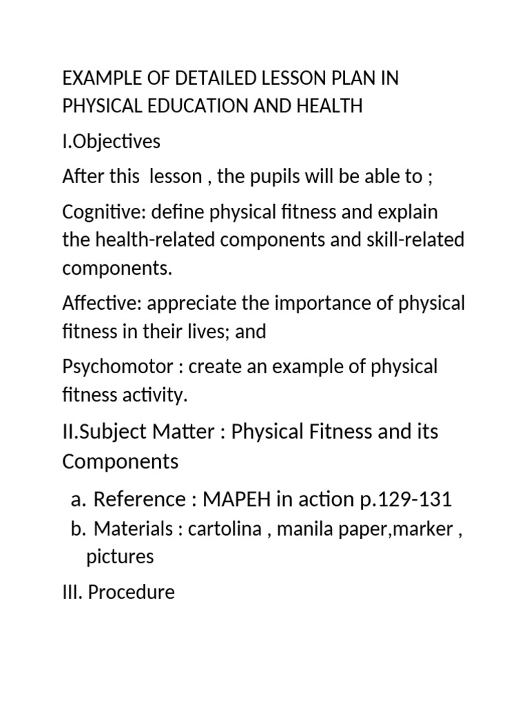 Example of Detailed Lesson Plan in Physical Education and Health | PDF