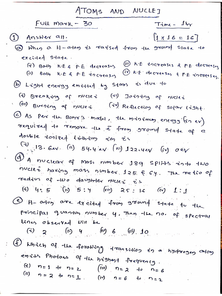 Atoms and Nuclei SQ Exam | PDF
