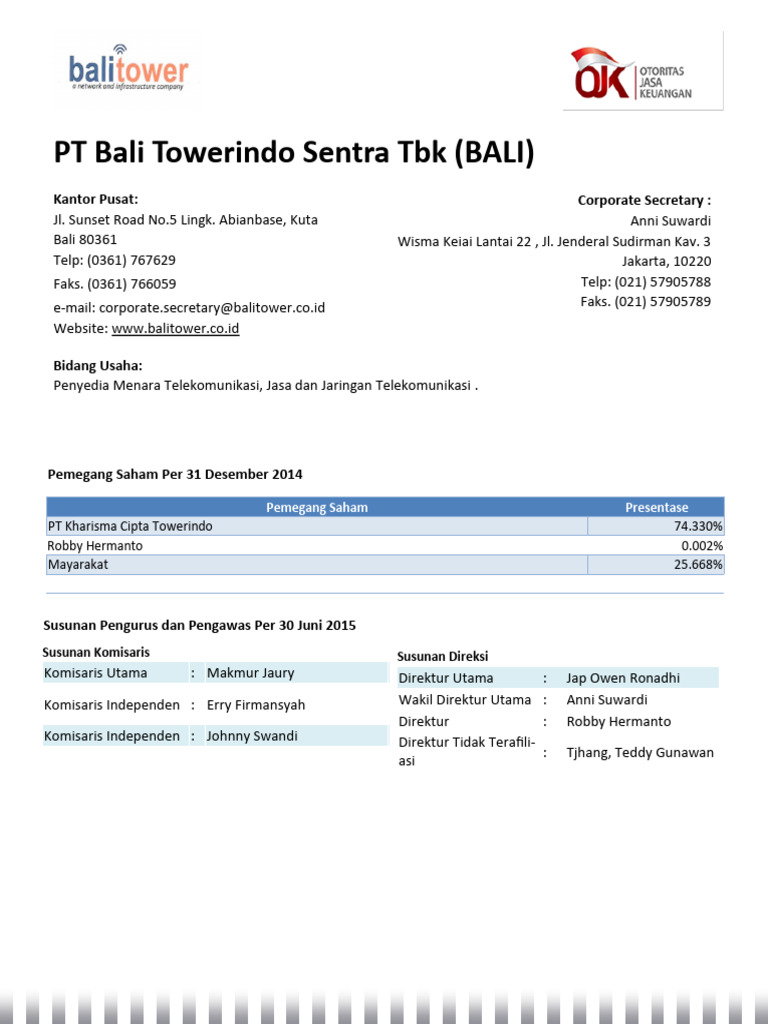 PT Bali Towerindo Sentra TBK (BALI) | PDF