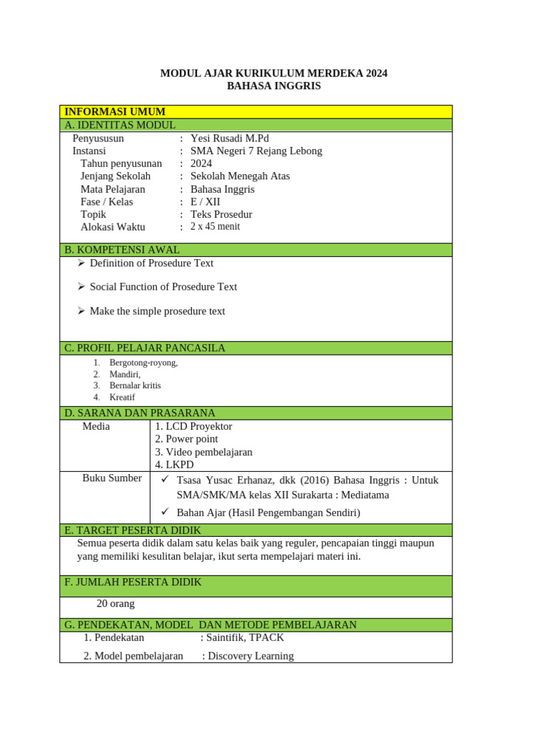 Modul Ajar - Yesi Rusadi | PDF