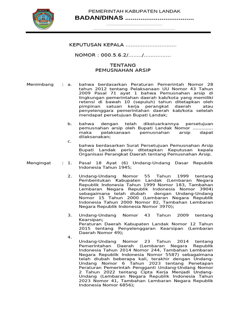 SK Penetapan Pemusnahan Arsip Kepala OPD | PDF