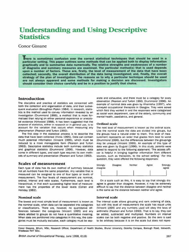 Gissane 1998 Understanding and Using Descriptive Statistics | PDF