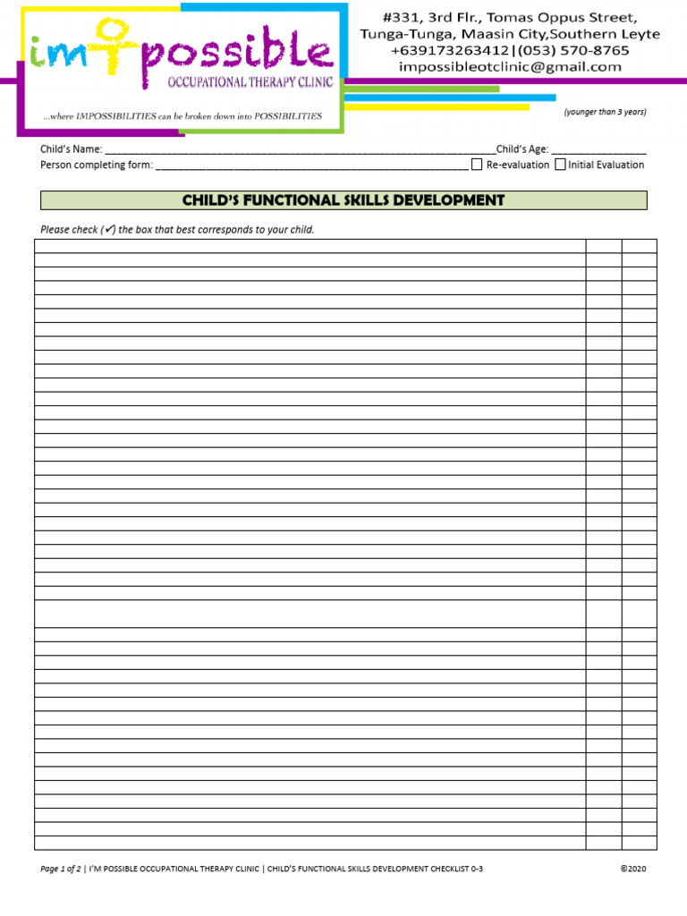 Younger Than 3 CHILD'S FUNCTIONAL SKILLS DEVELOPMENT CHECKLIST 0-3 | PDF