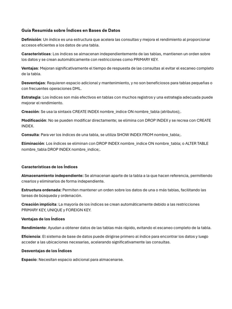 Guía Resumida Sobre Índices en Bases de Datos | PDF