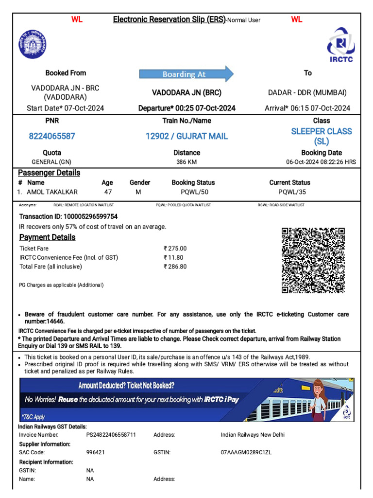 Gujrat Mail Sleeper Class (SL) : WL Electronic Reservation Slip (ERS ...