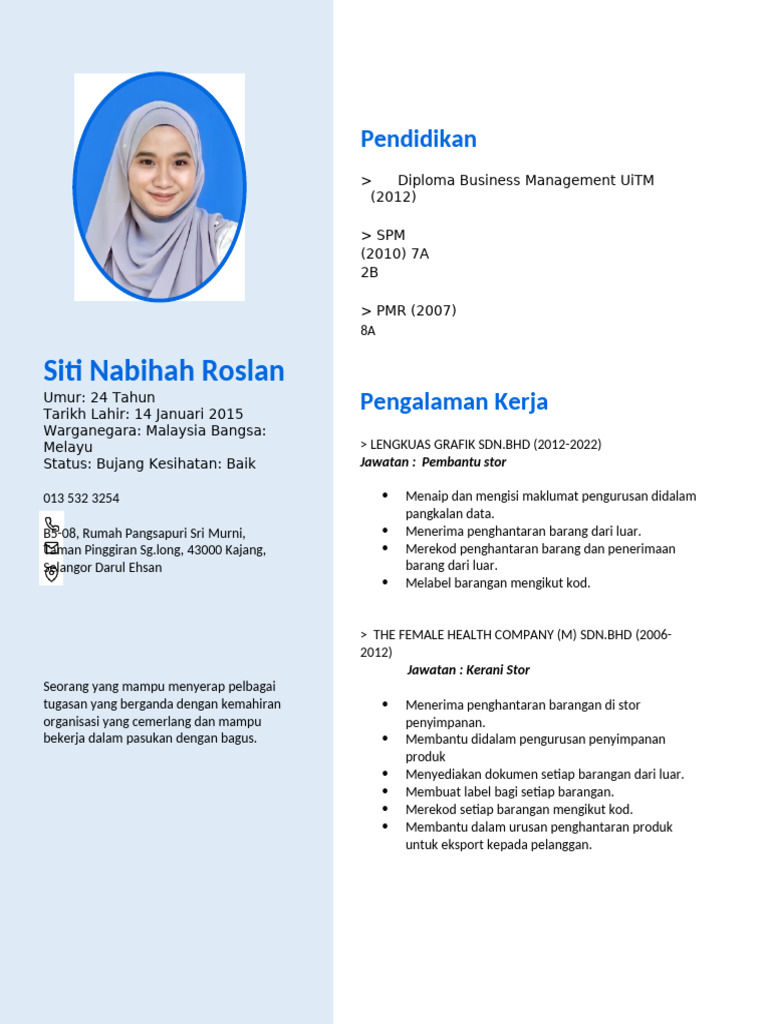 Siti Nabihah Roslan: Pendidikan | PDF