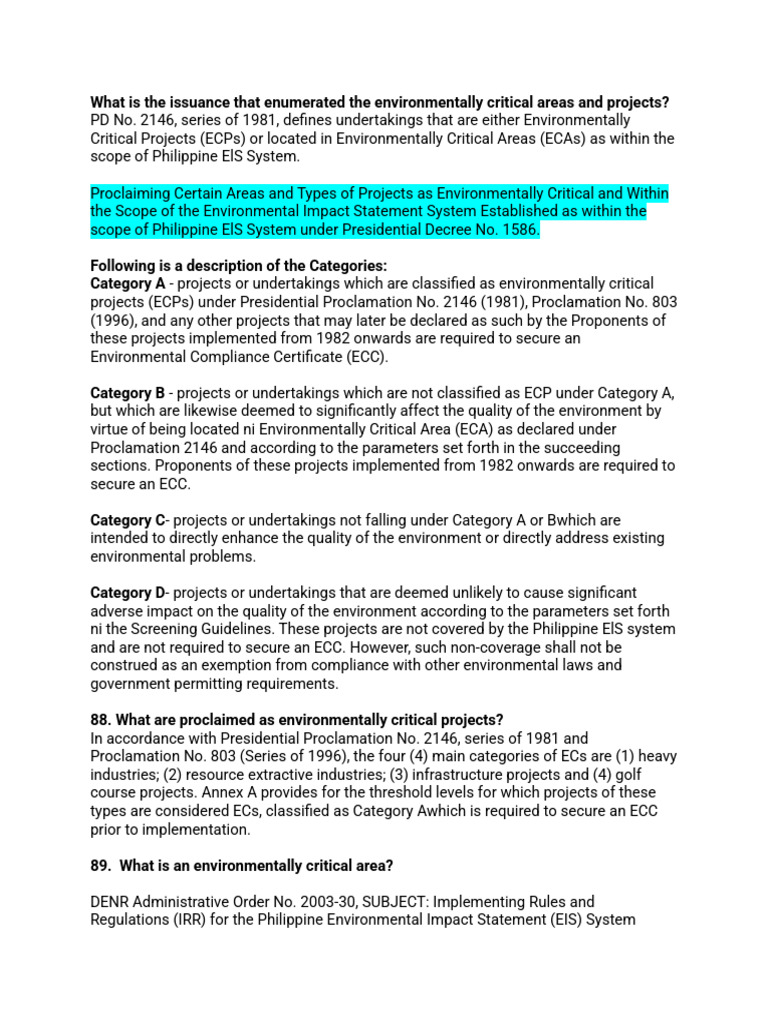 Study Guide For Environment Critical Projects and Areas | PDF