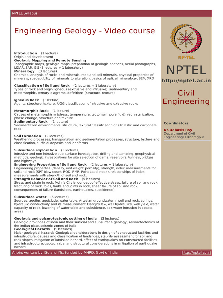 Nptel: Engineering Geology - Video Course | PDF