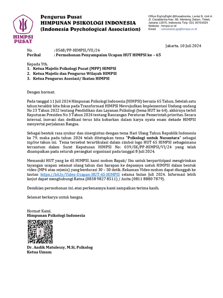 0568 - Permohonan Penyampaian Ucapan HUT HIMPSI ke – 65_acc | PDF