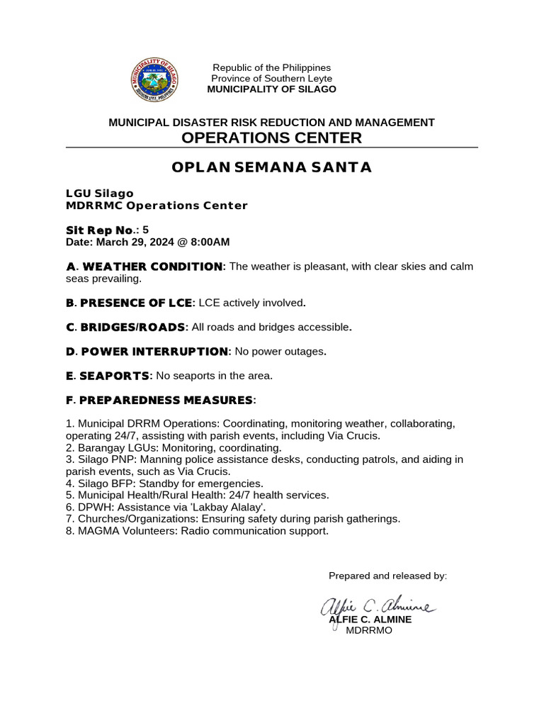 MDRRMO Silago - SitRep # 5 Oplan Semana Santa | PDF
