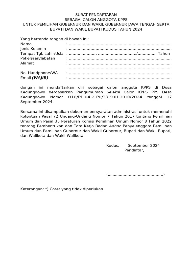 Formulir Pendaftaran KPPS Pilkada 2024 Kedungdowo | PDF