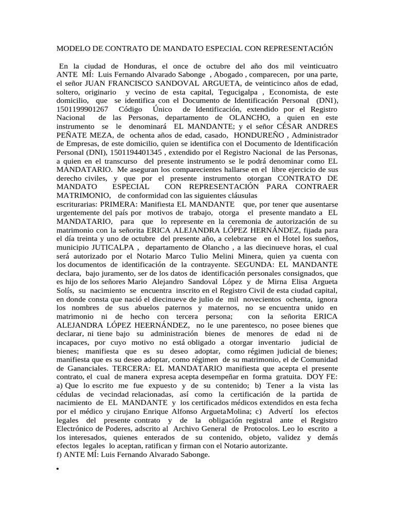 MODELO DE CONTRATO DE MANDATO ESPECIAL CON REPRESENTACIÓN | PDF