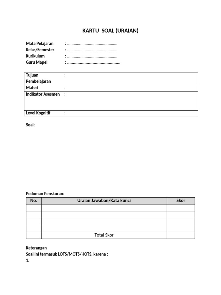 Format Kartu Soa HOTS (Uraian) | PDF