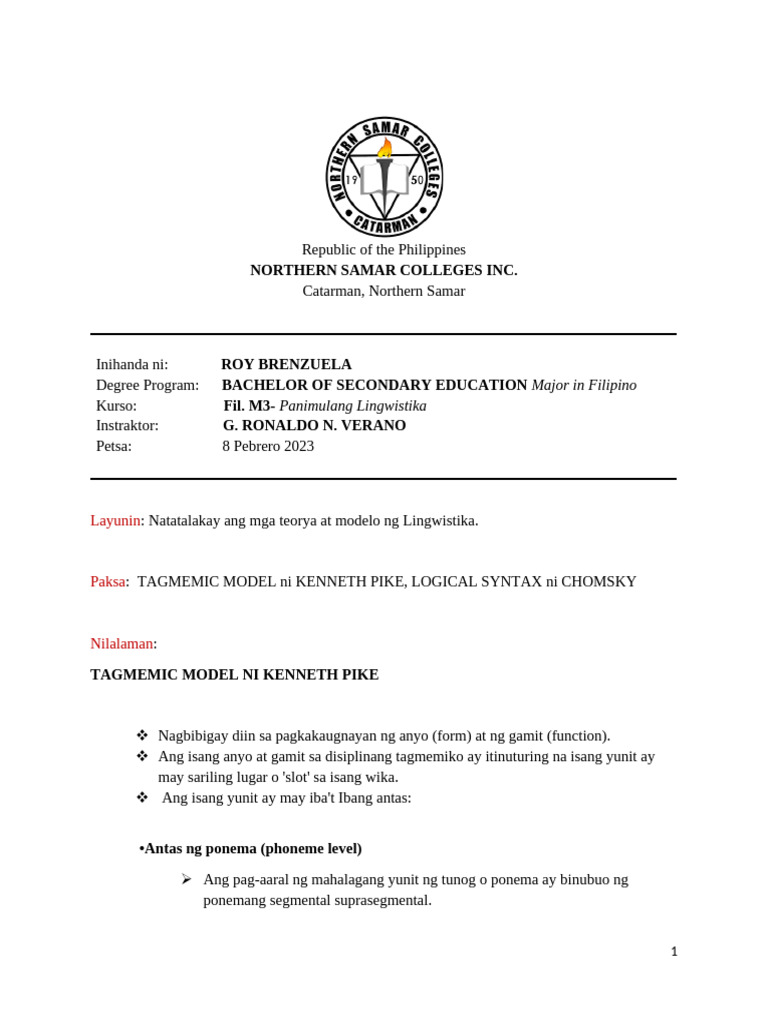 Tagmemic model & Logical Syntax | PDF
