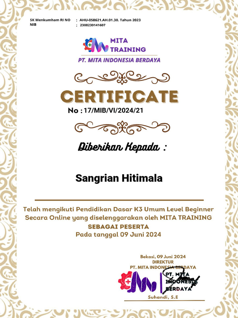 Sangrian Hitimala_SERTIFIKAT DIKSAR K3 BATCH XVII | PDF