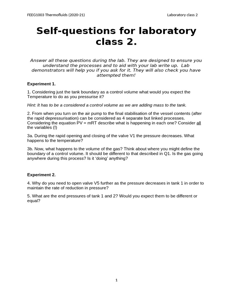 FEEG1003 Thermofluids Lab class 2 - in-class self-questions_2019-20_ | PDF