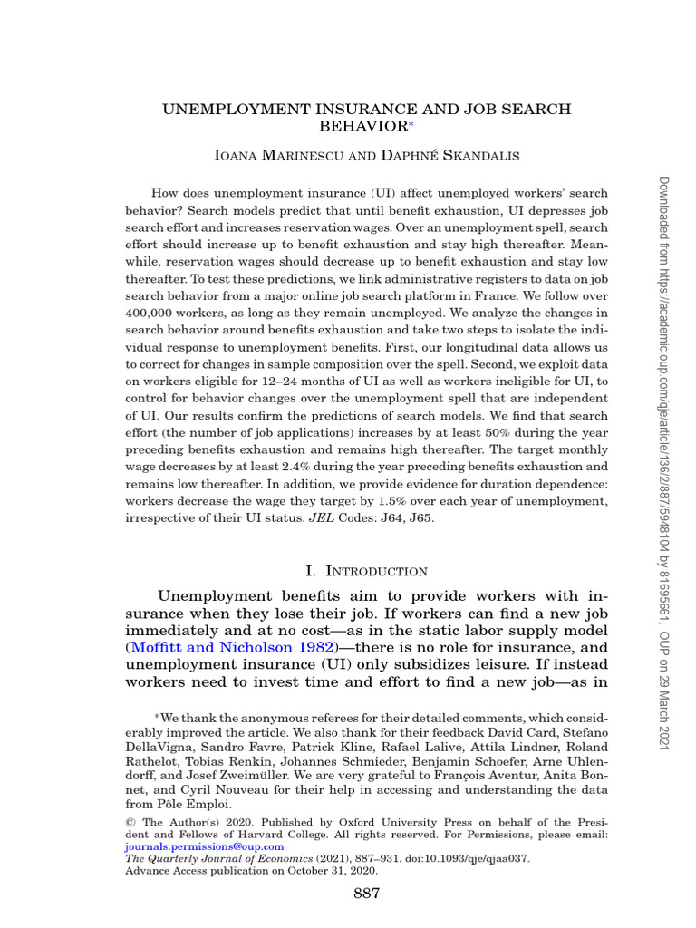 Unemployment Insurance and Job Search Behavior | PDF