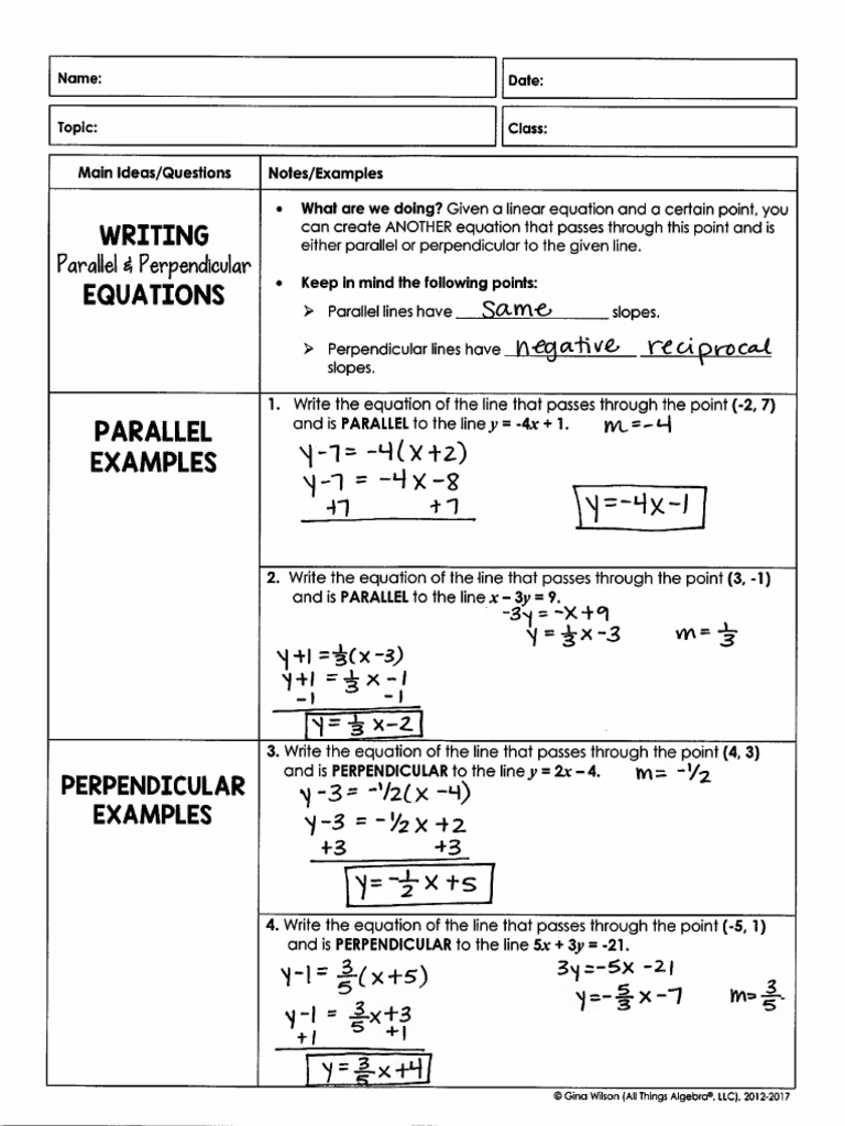 Writing Equations of Parallel and Perpendicular Lines Answer Key | PDF