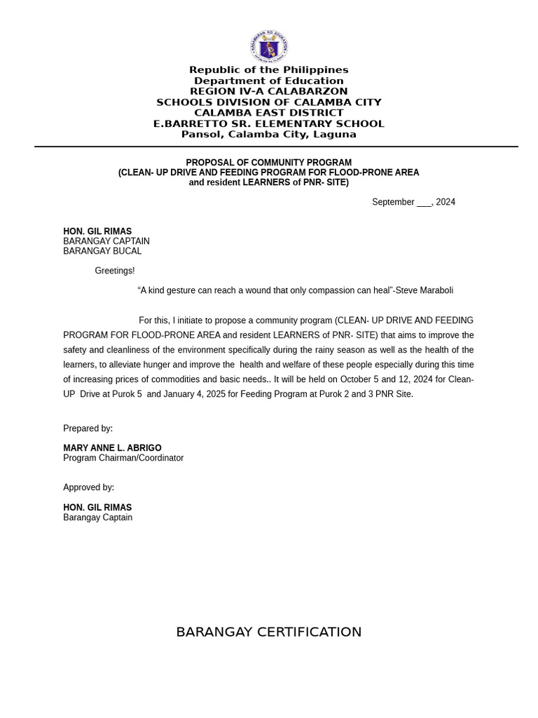 Barangay-Resolution, Certification and Proposal | PDF