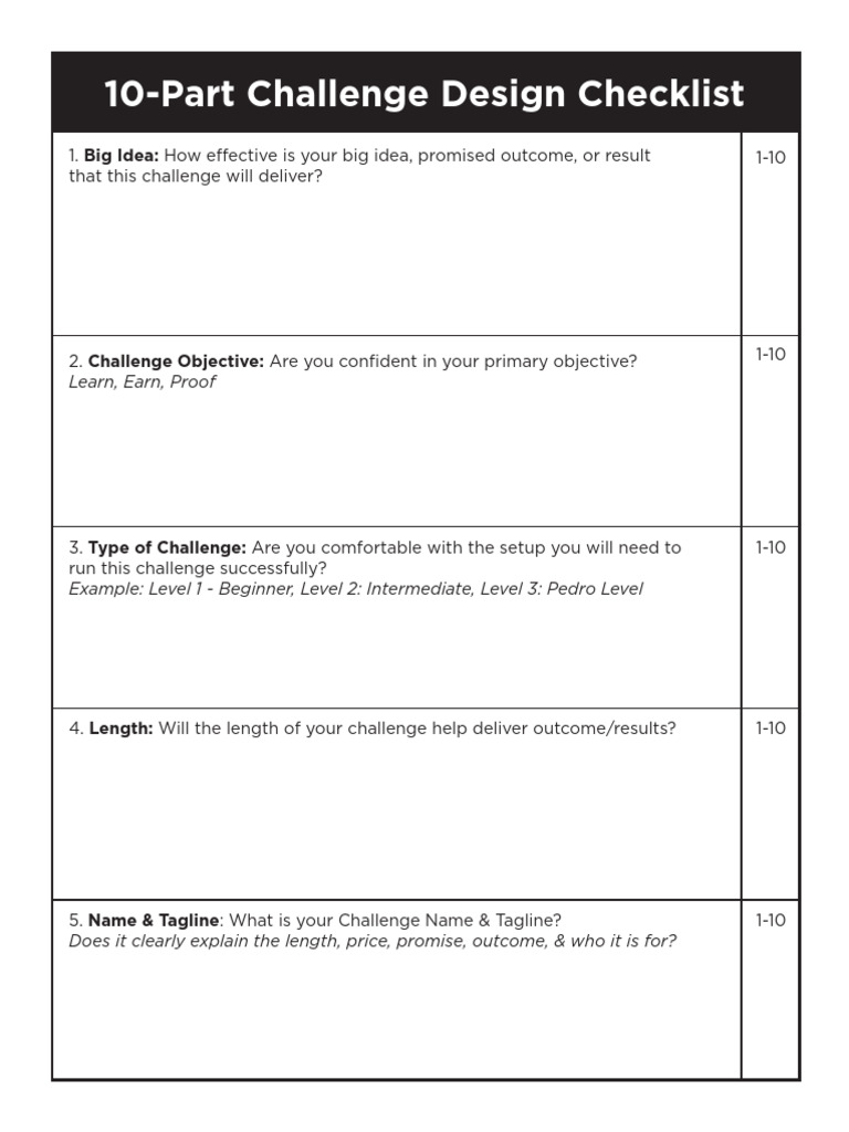 10 Challenge Design Checklist (Updated) - Fillable | PDF