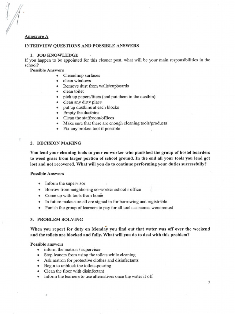 cLEANERS POST INTERVIEW QUESTIONS | PDF