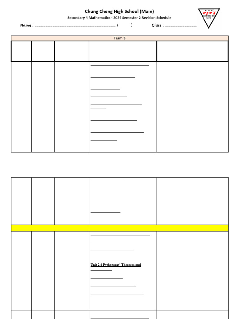S4 Math Sem 2 Revision Schedule 2024 (Student) | PDF