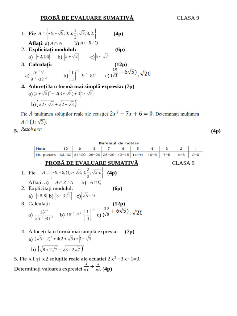 Proba de Evaluare Sumativa - cl9 | PDF