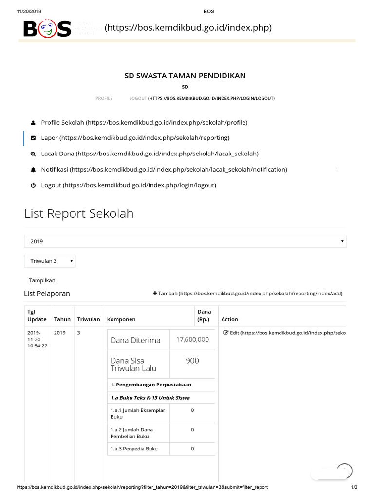 List Report Sekolah: (Https://bos - Kemdikbud.go - Id/index - PHP) | PDF
