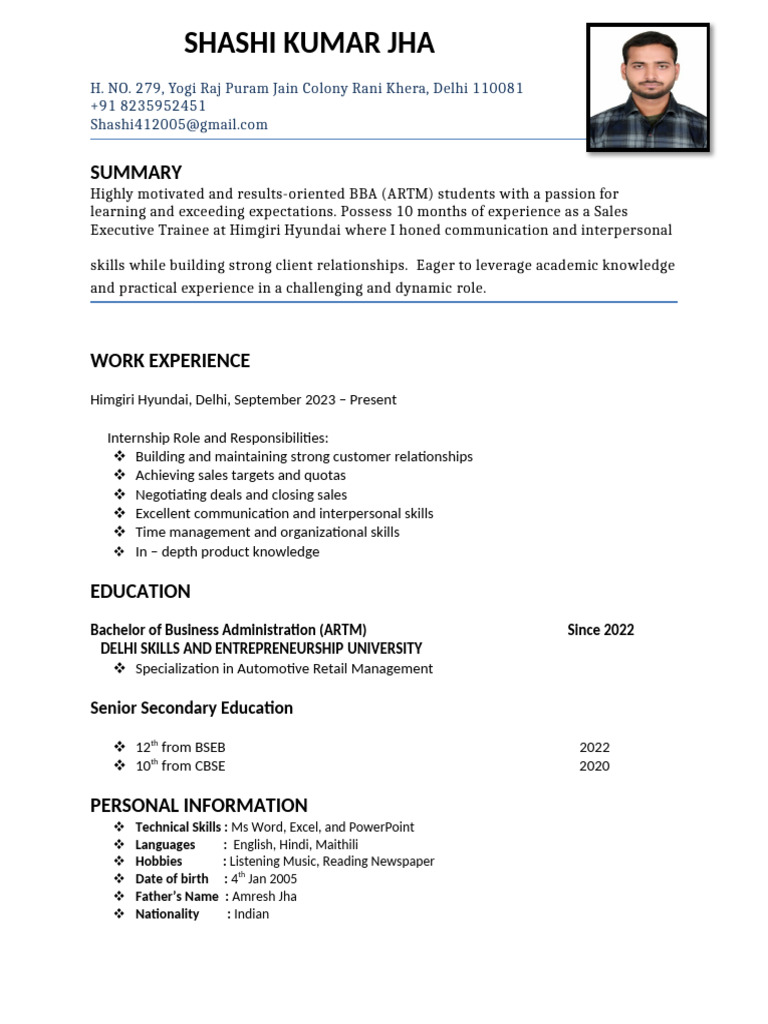Shashi Resume With Photo | PDF