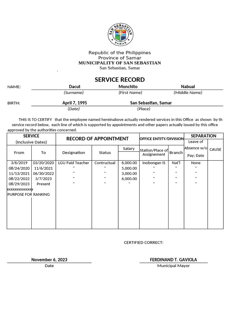 Service Record Municipal Ofc | PDF