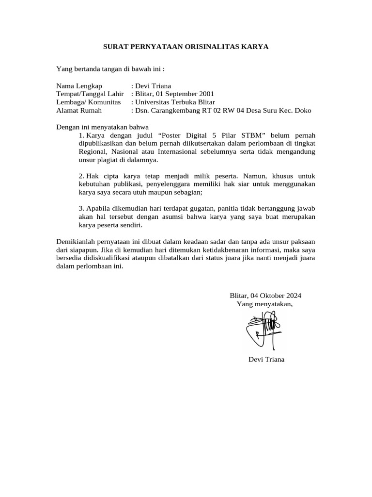 Surat Pernyataan Orisinalitas Karya | PDF