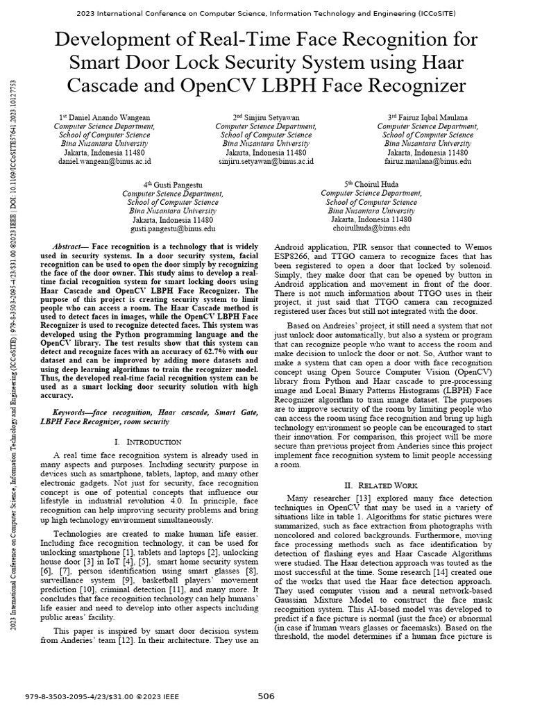 Development of Real-Time Face Recognition For Smart Door Lock Security System Using Haar Cascade ...