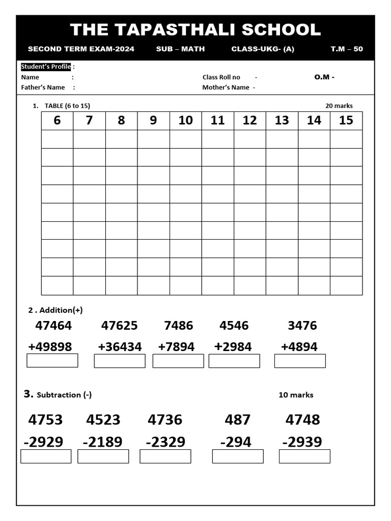 UKG Math Exam Paper 2024 | PDF