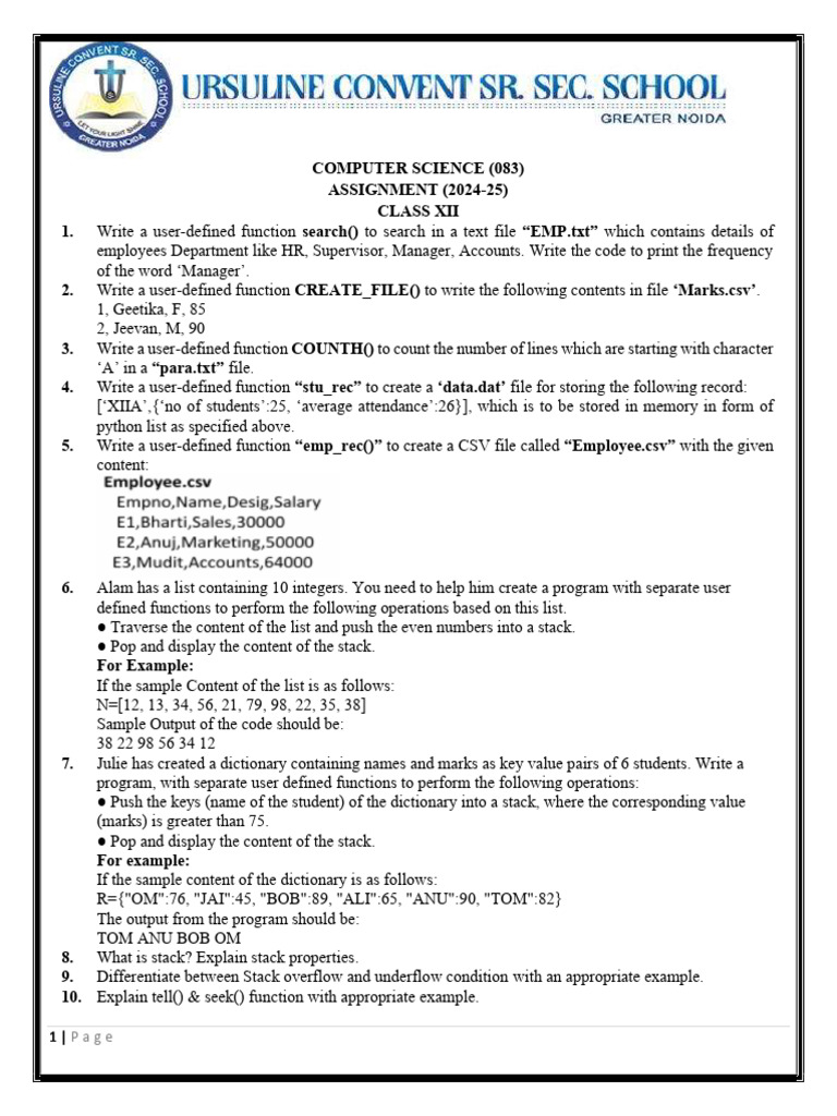 XII CS Assignment 2024-25 | PDF