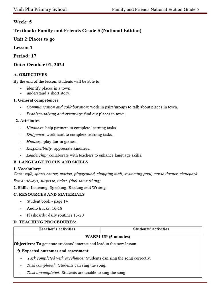 Week: 5 Textbook: Family and Friends Grade 5 (National Edition) Unit 2 ...