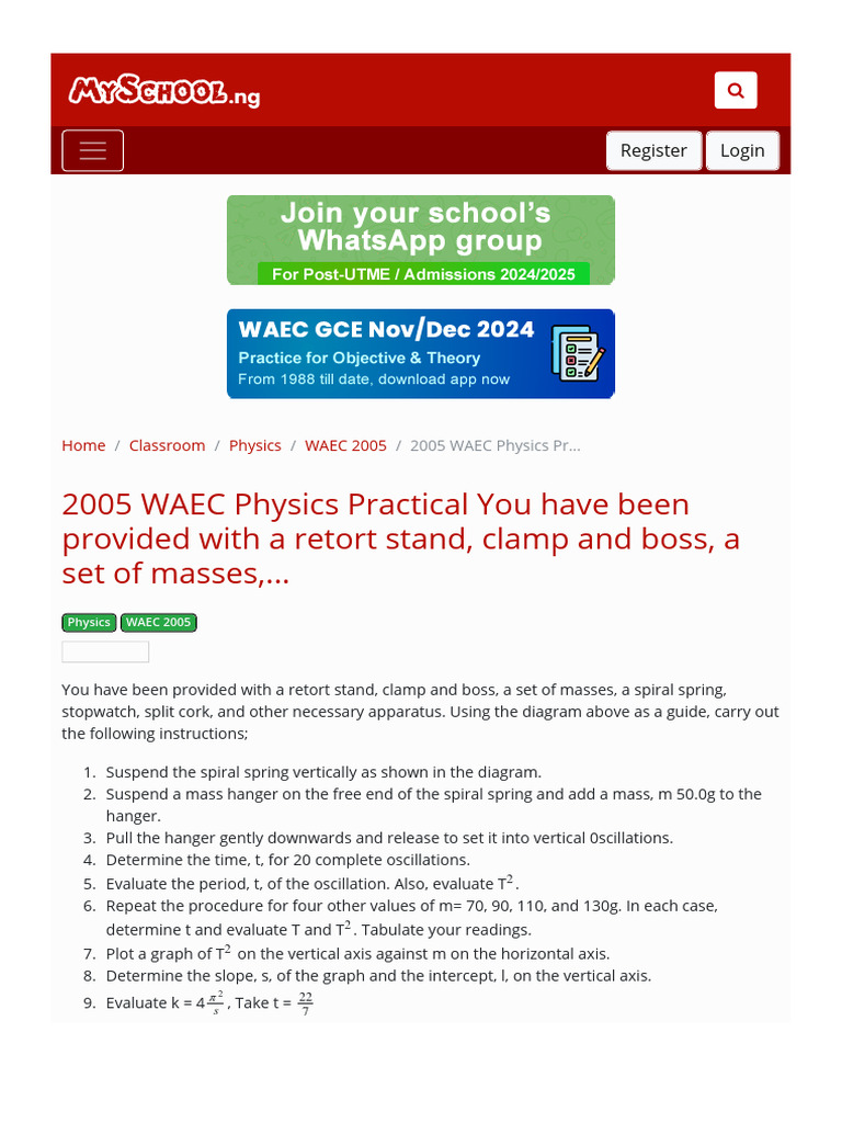 2005 WAEC Physics Practical You Have Been Provided With A Retort Stand ...