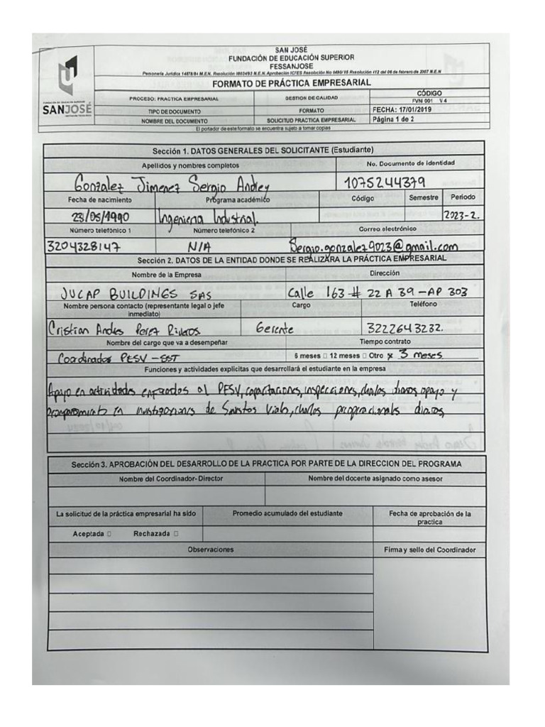 Formulario de de Solicitud de Práctica Empresarial - Sergio Gonzalez | PDF